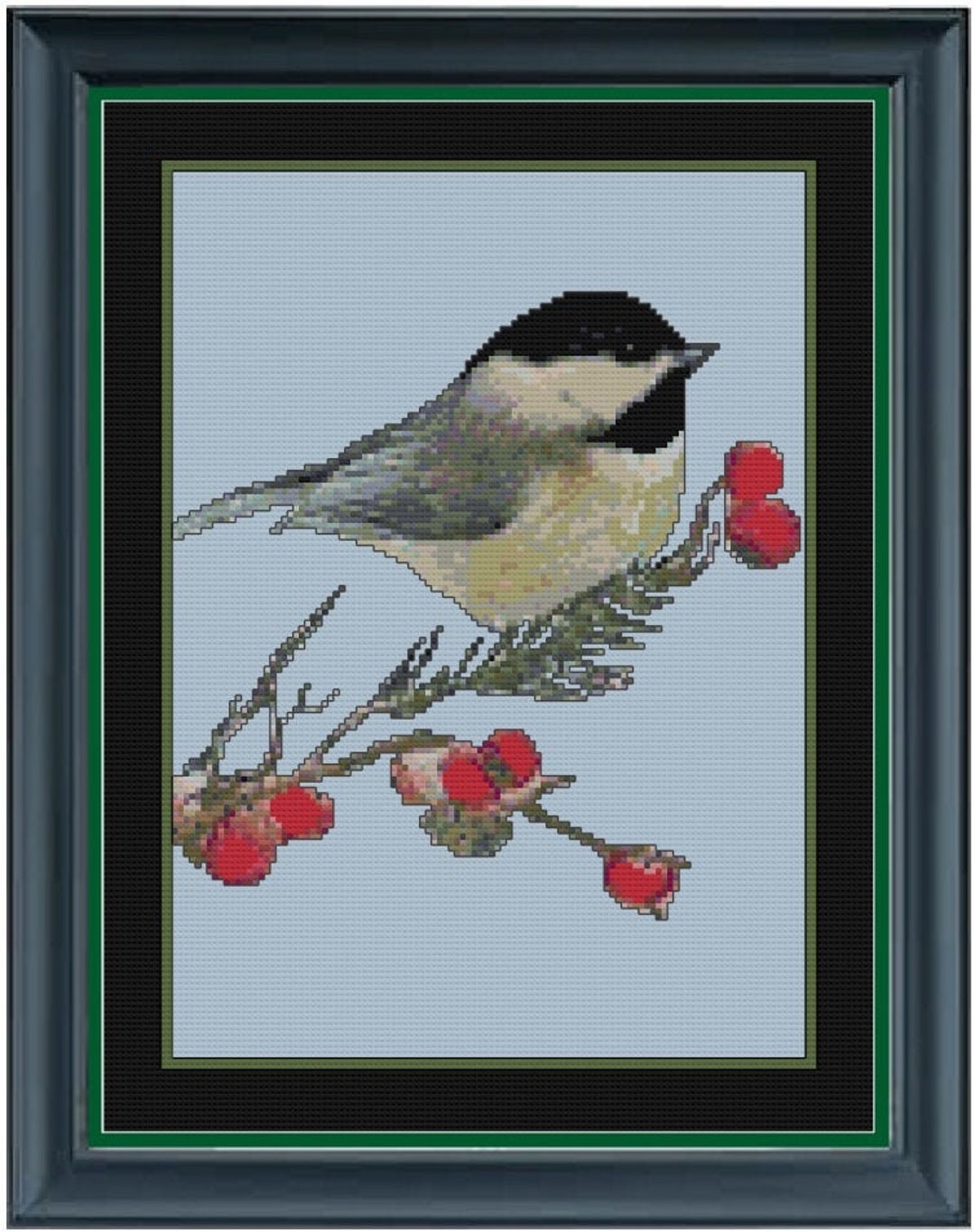 New CHICKADEE and BERRIES Cross Stitch Pattern (approx. 6"x 8") (B+W ...