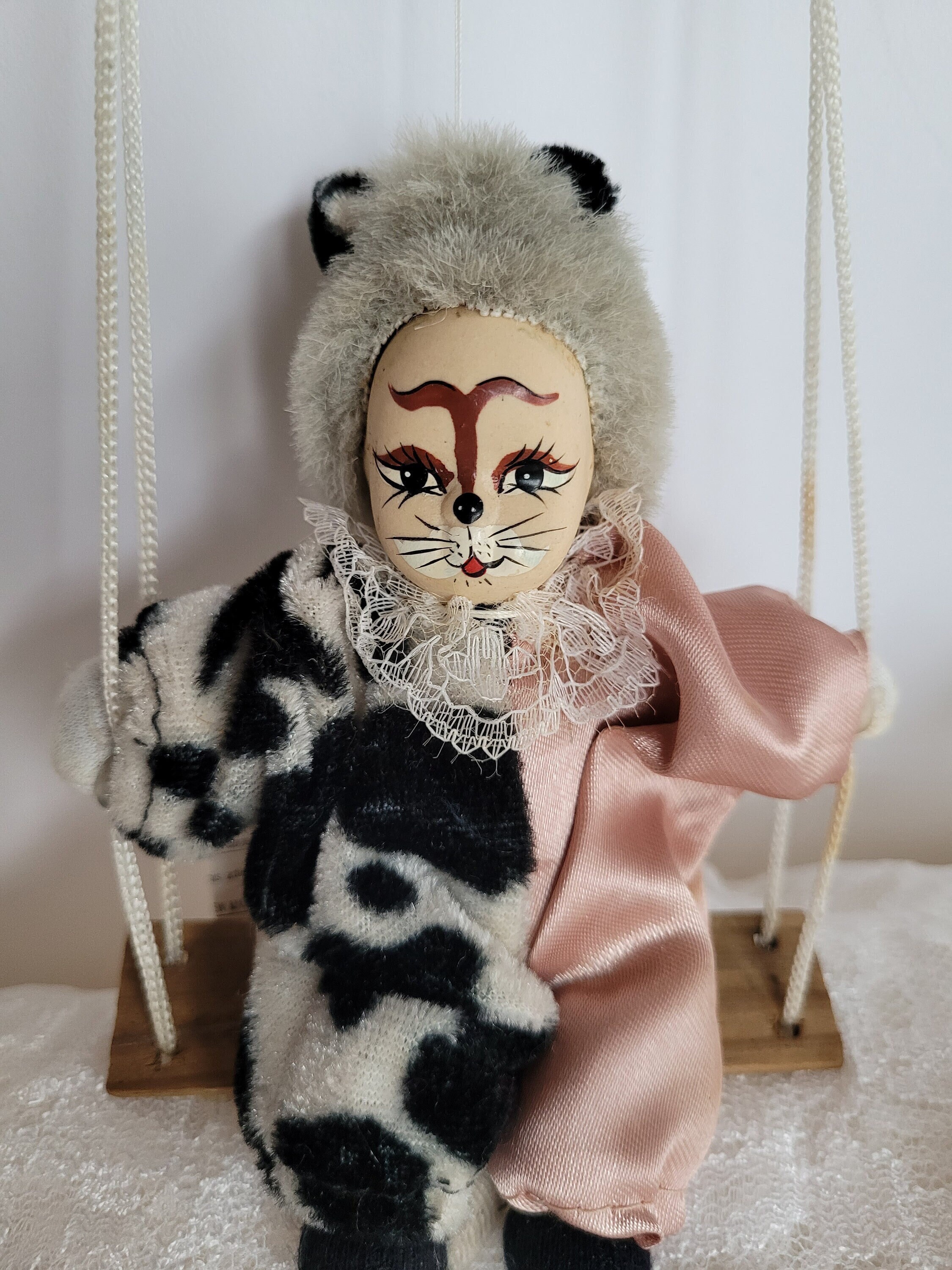 Mini Clown on A Swing, Black White Blush Pink, Miniature Ceramic Clown ...