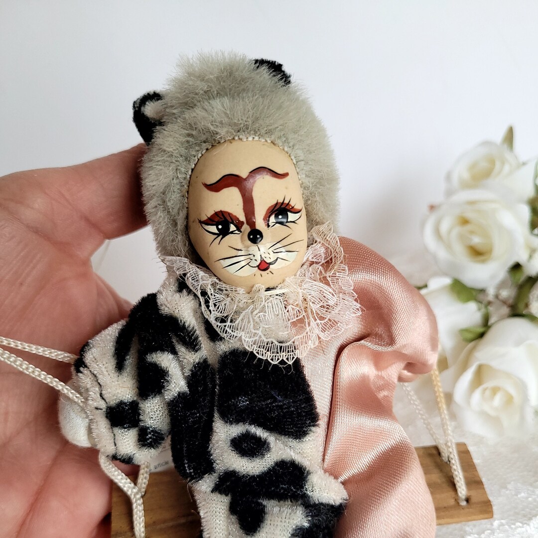 Mini Clown on A Swing, Black White Blush Pink, Miniature Ceramic Clown ...