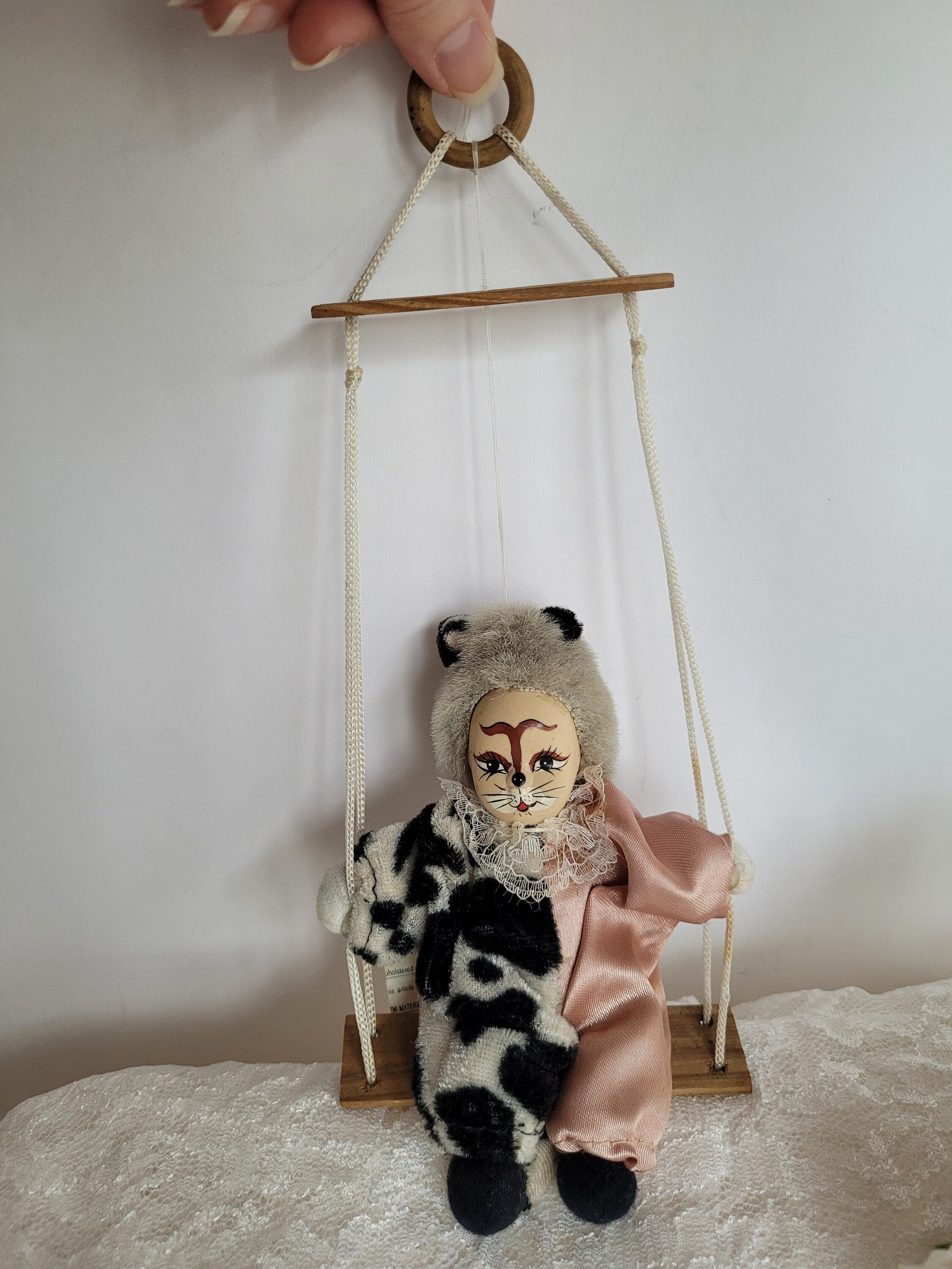 Mini Clown on A Swing, Black White Blush Pink, Miniature Ceramic Clown ...