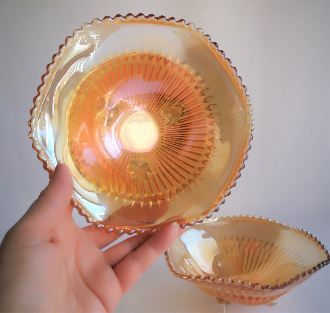 MCM Iridescent Marigold Bowls, Carnival Glass Candy Dishes, Footed ...