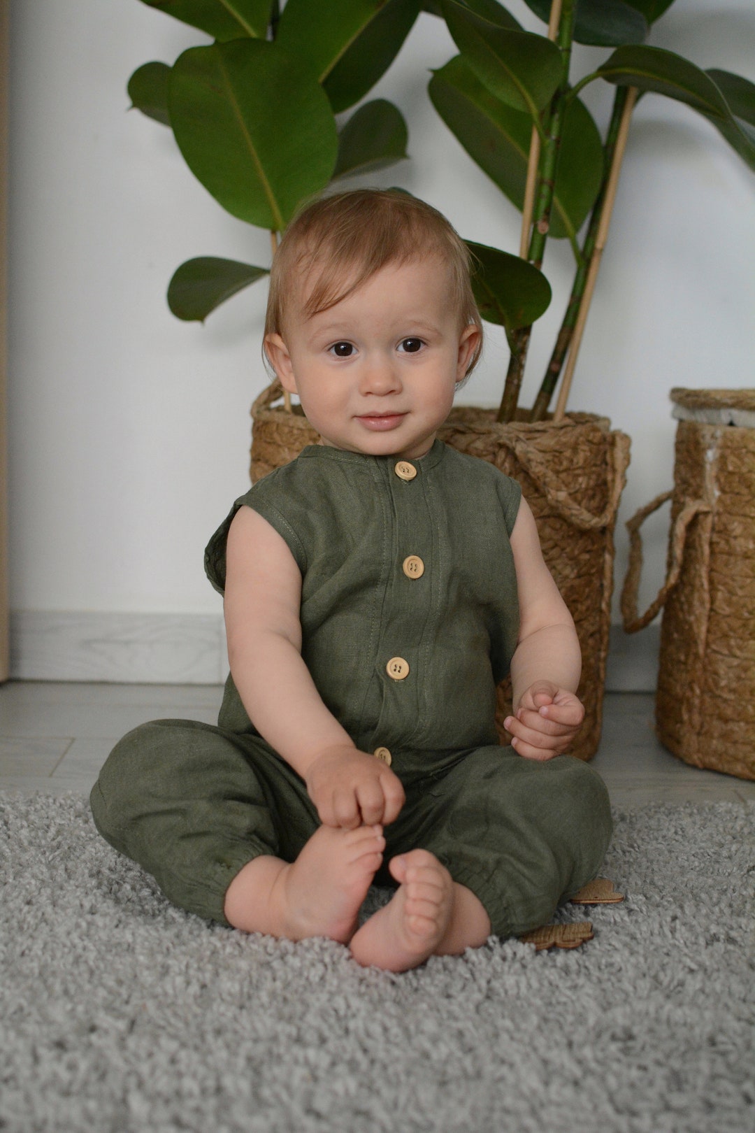 Linen Baby Boy Romper, Linen Outfit, Khaki Jumpsuit, Baby Boy Romper ...