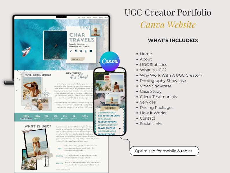 Travel UGC Portfolio Canva Website Template | Media Kit Landing Page ...
