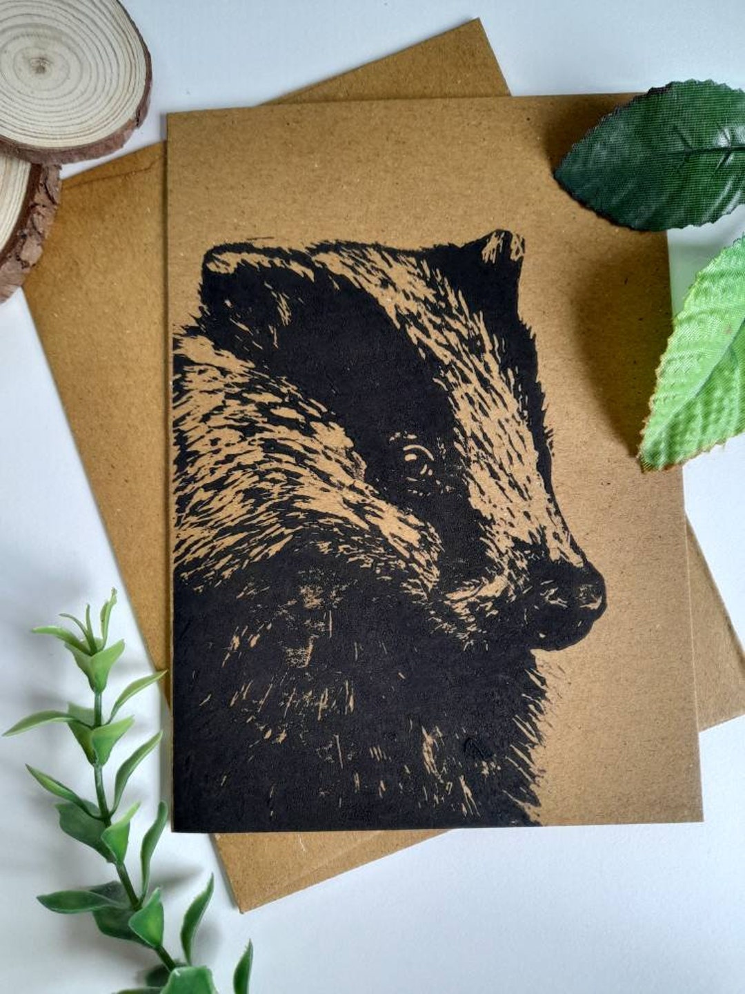 Handmade Badger Linocut Print 5x7 Card With Envelope - Etsy
