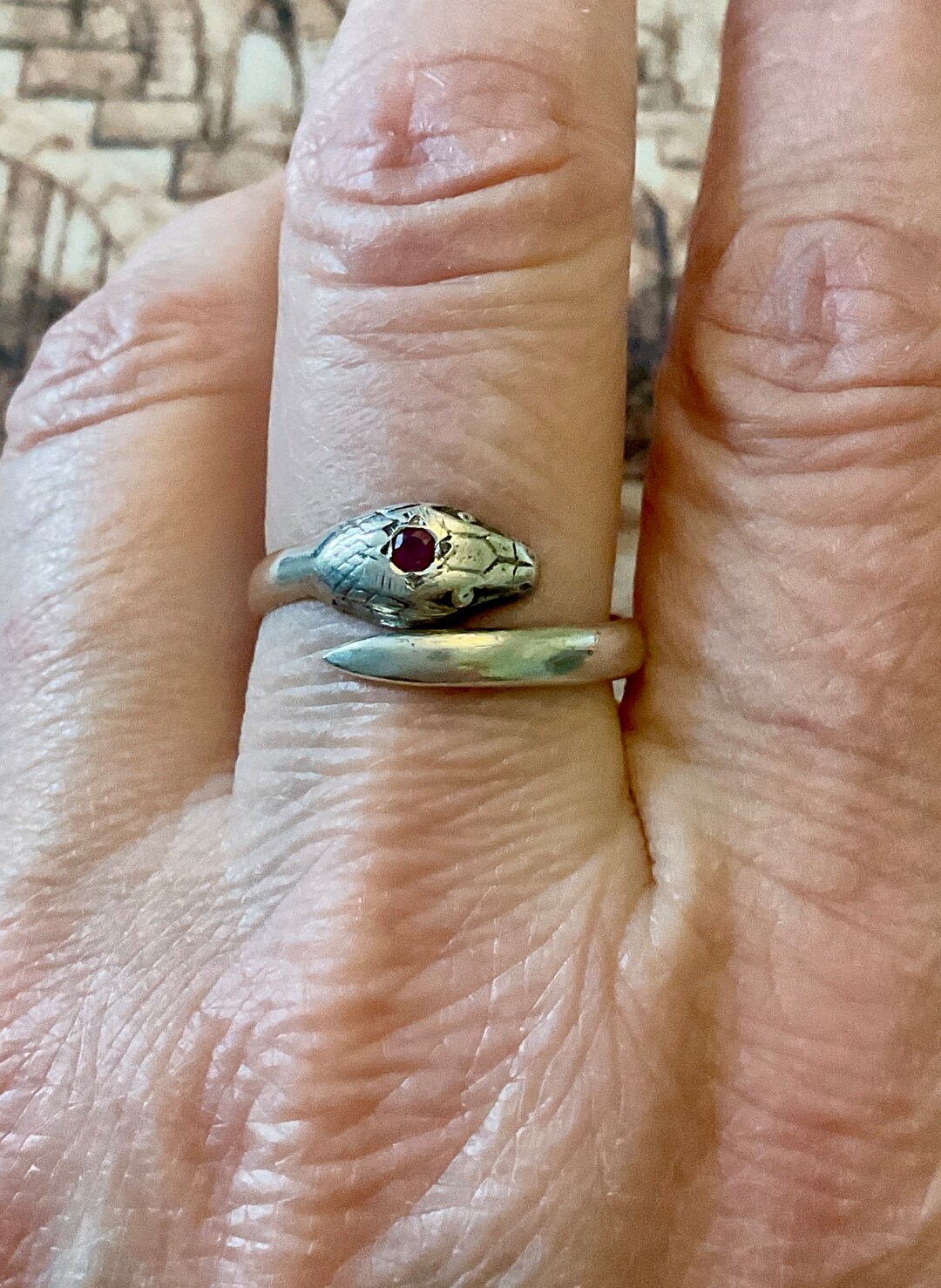 19th SNAKE NATURAL RUBY Carved Sterling Antik Ring Original Design ...