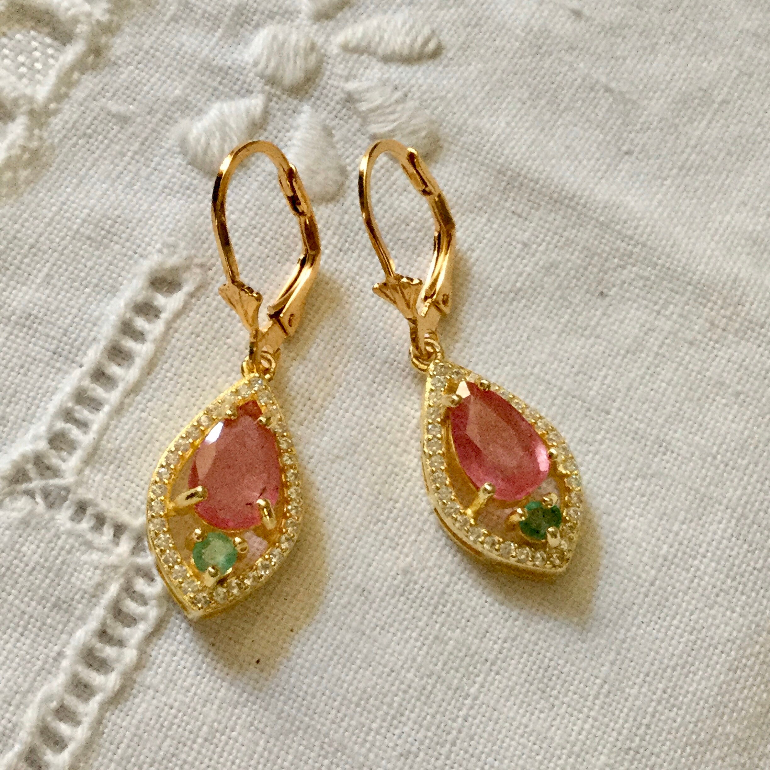Vintage GREAT RUBY EMERALD 14K Gold & Sterling Earrings | Etsy