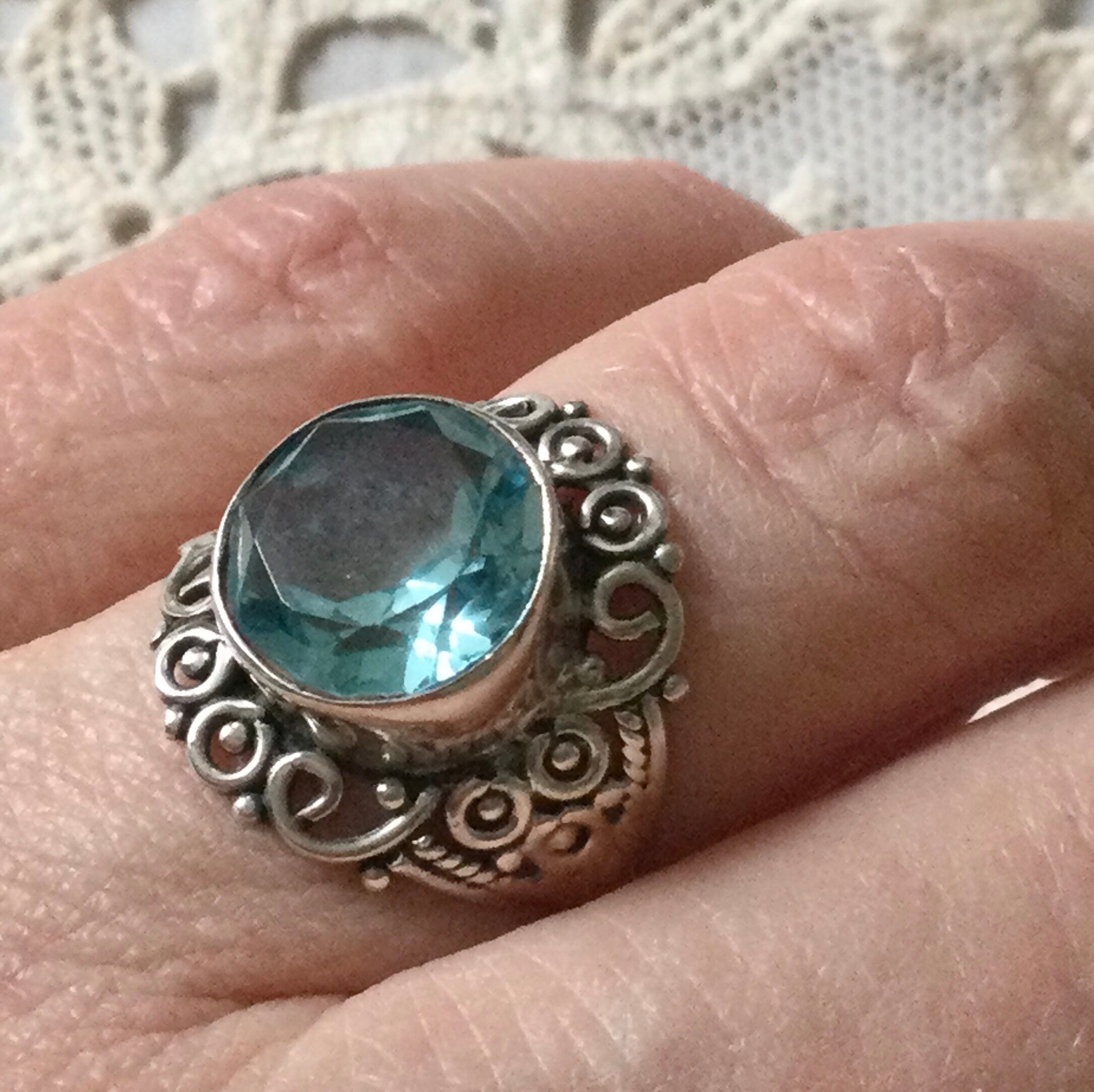 GORGEOUS BLUE TOPAZ Carved Design Vintage Sterling Ring | Etsy