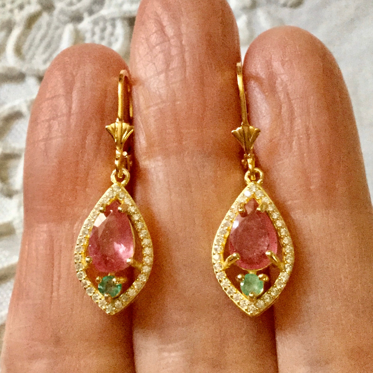 Vintage GREAT RUBY EMERALD 14K Gold & Sterling Earrings | Etsy