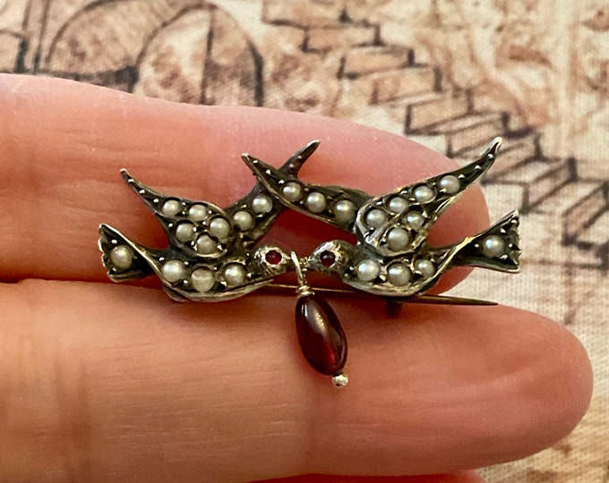 19th ANTIQUE FRANCE BIRD Garnet Seed Pearl Carved Sterling Silver- 19th ...