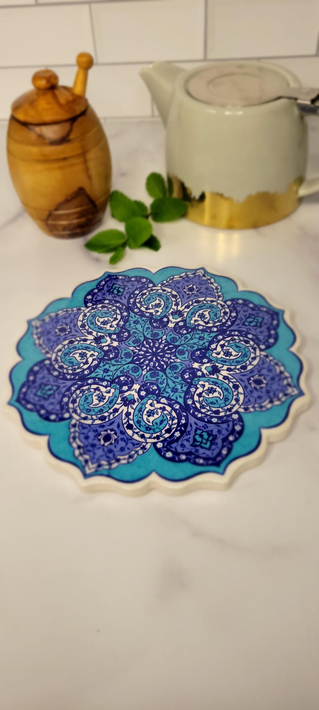 Hand-made Iznik Turkish Ceramic Trivet: Blue Loop Design, 7" - Etsy
