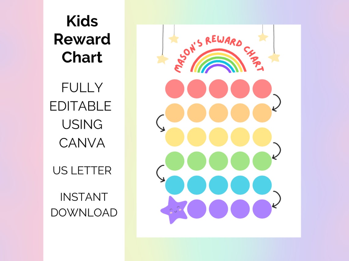 Editable Rainbow Kids Reward Chart, Printable Kids Reward Chart, Chore ...