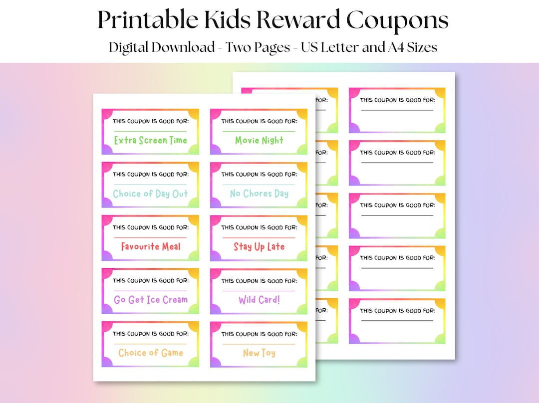 Printable Kids Reward Coupons, Rainbow Reward Vouchers, Reward Tickets ...