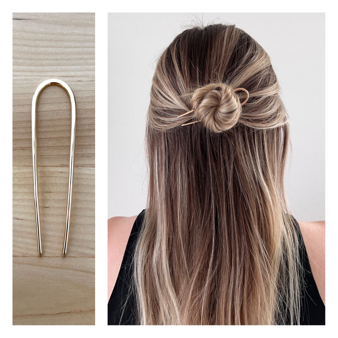 Small Brass French Hair Pin, Brass Bun Holder, Handmade Brass Hair Fork ...