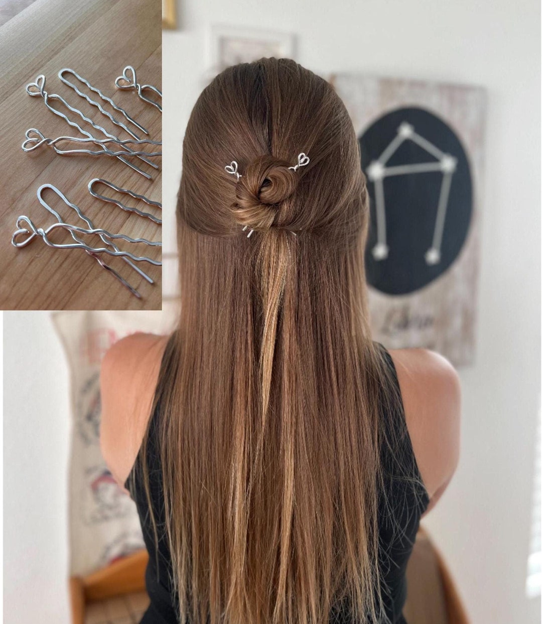 Small Silver Hair Pin Set, Handmade Sterling Silver Bobby Pins, Heart ...