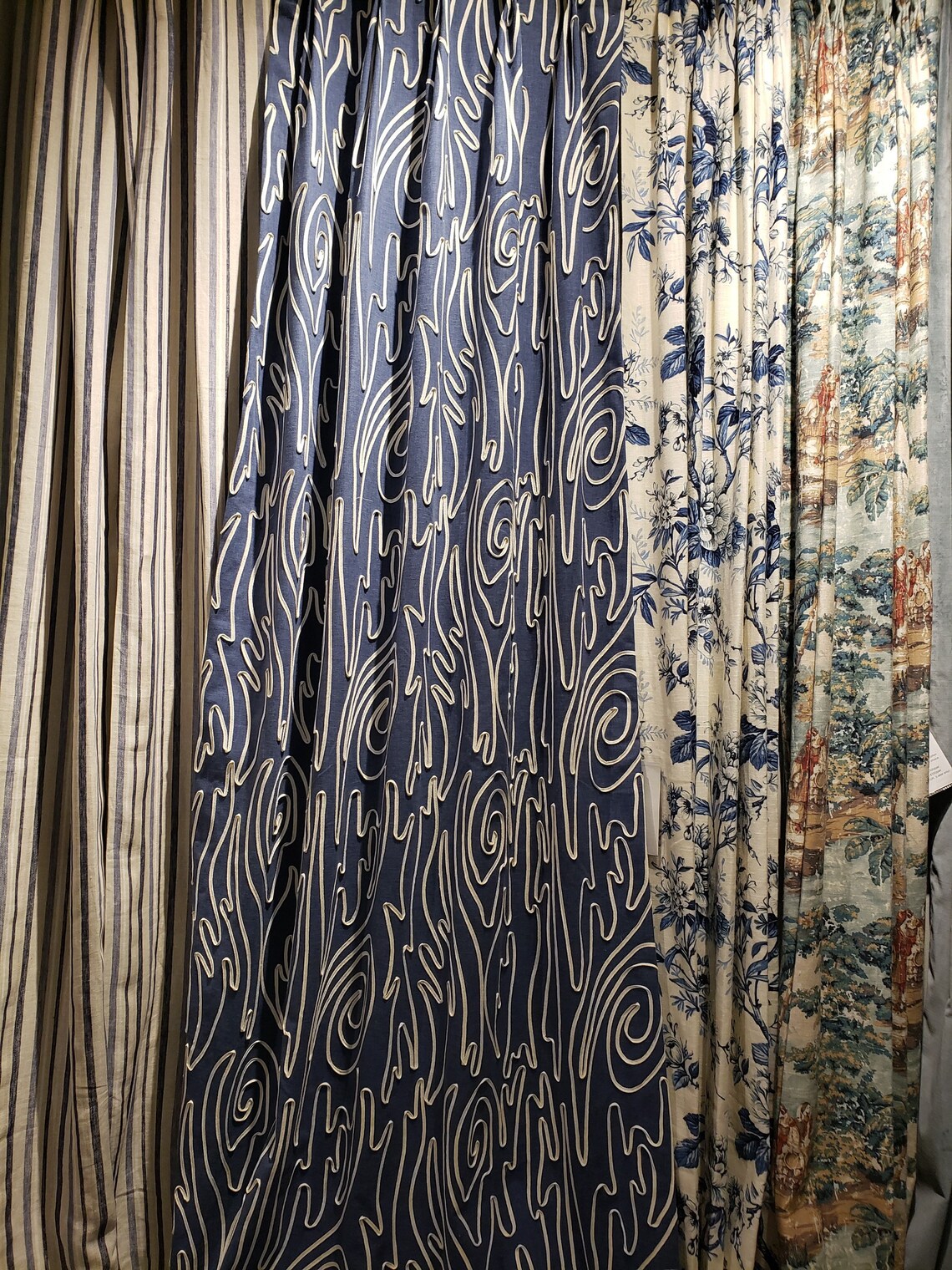 Windy Dark Denim Blue Embroidered Ribbon Curtains Drapery Panels /made ...