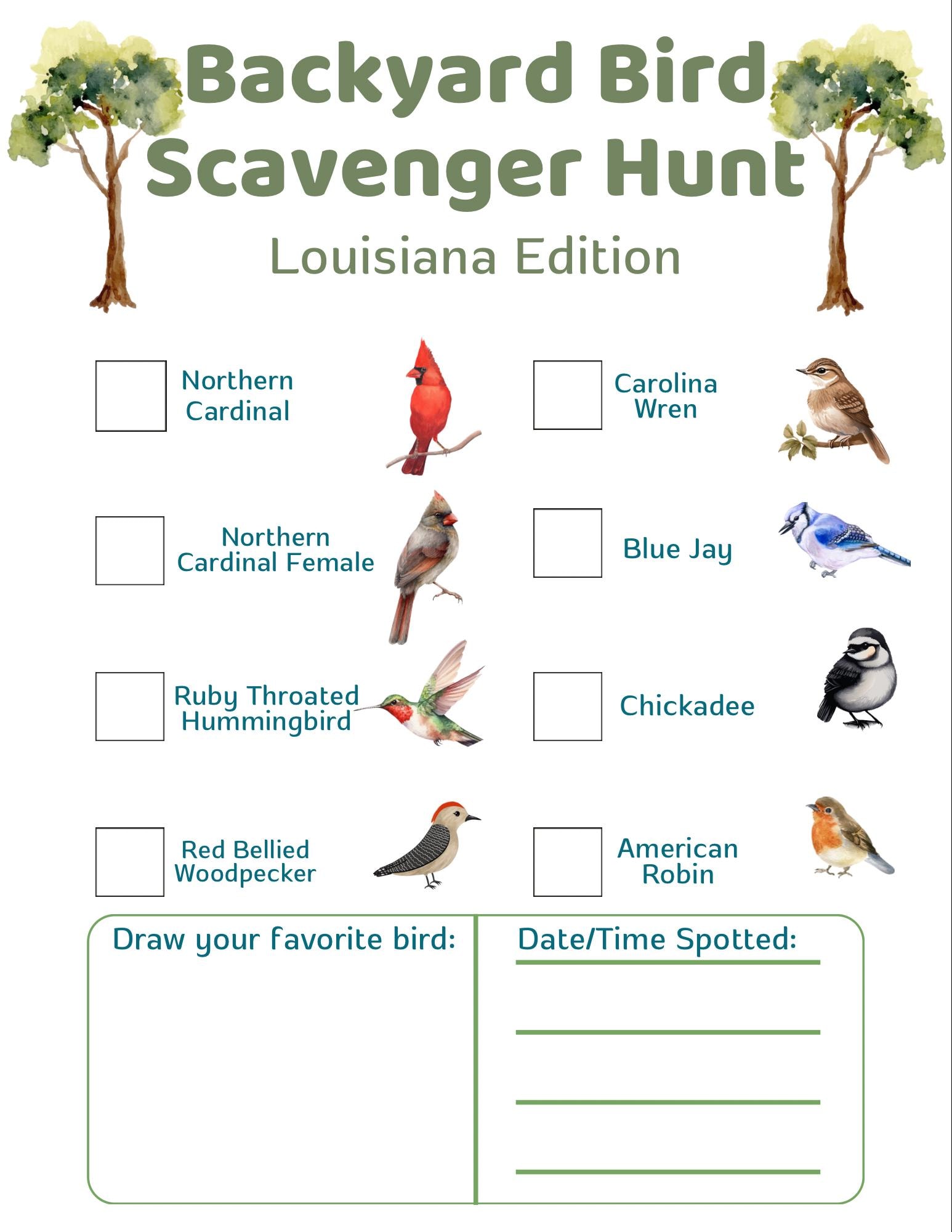 Backyard Bird Scavenger Hunt – Louisiana Birds Printable for Kids ...