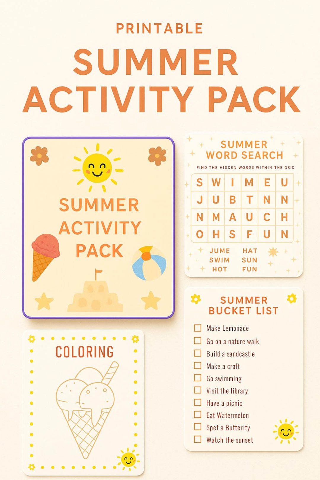 Kids Summer Activity Pack: Word Search, Coloring, Bucket List (digital ...
