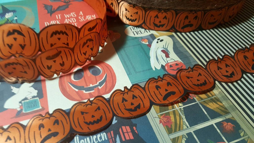 Vintage Die Cut Halloween Jack O'lantern Satin Ribbon, Orange and Black ...