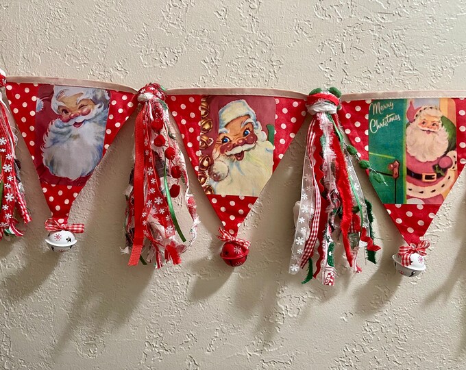 Christmas SANTA Banner, Bunting, Vintage Style, Handmade, Vintage ...