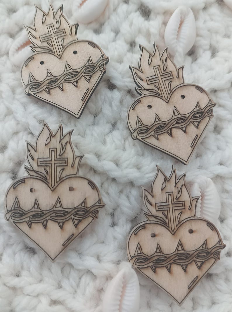 Wooden Button Sacred Hearts & Cross Set of 4 Large Buttons/ Crochet ...
