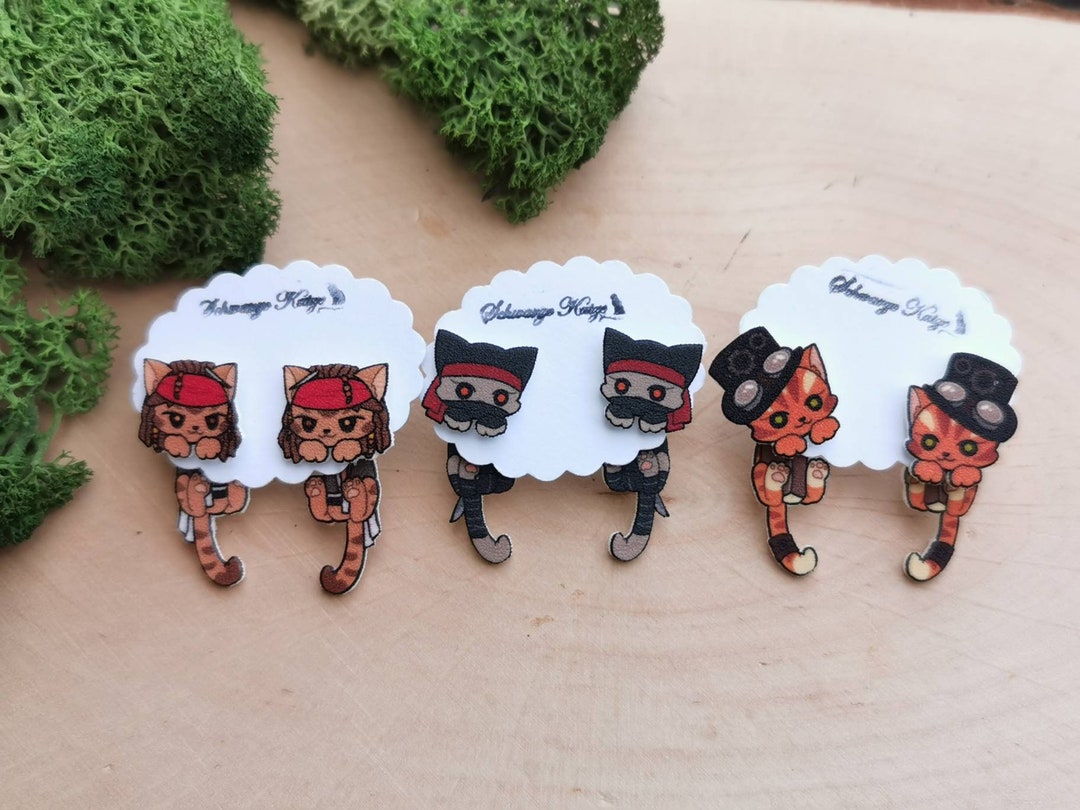 Ninja, Steampunk, Jack Sparrow Pirate Cat Comic Inspired Stud Earrings ...