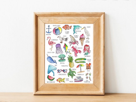 Beach/ocean Alphabet/abc Watercolor Illustration Poster - Etsy