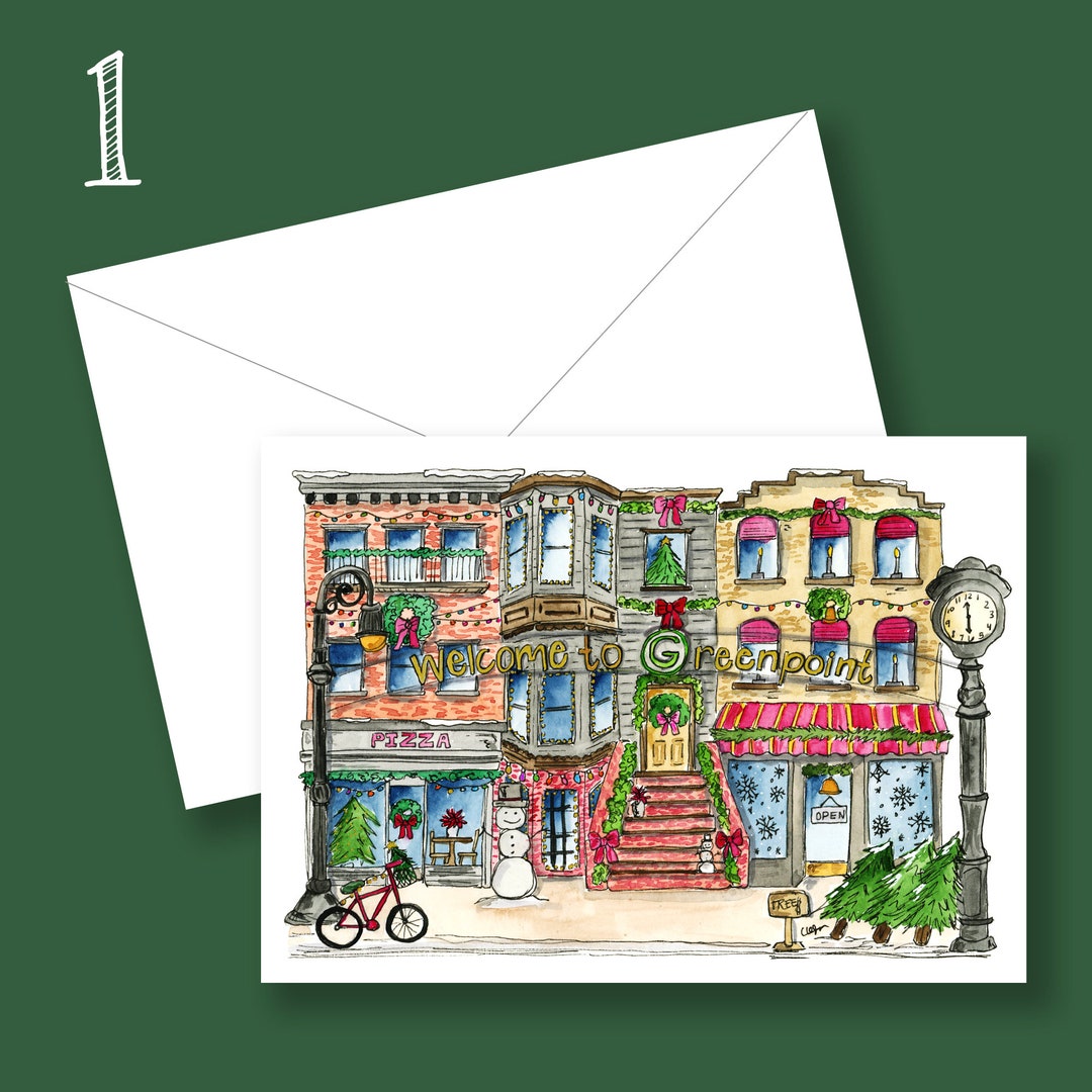 Greenpoint, Brooklyn Holiday Card; Hand Painted Watercolor Illustration ...