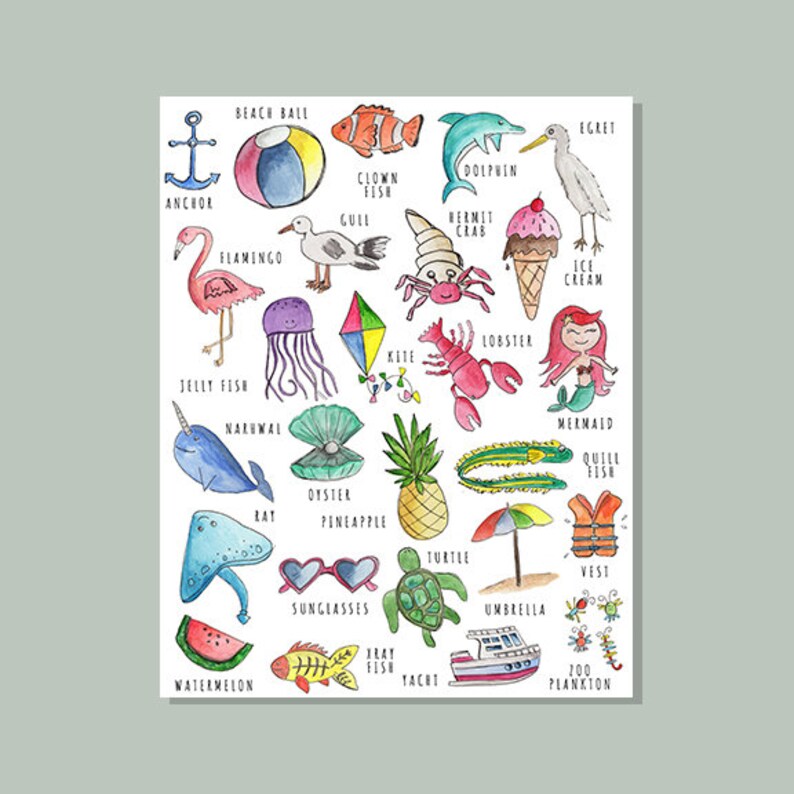 Beach/ocean Alphabet/abc Watercolor Illustration Poster - Etsy