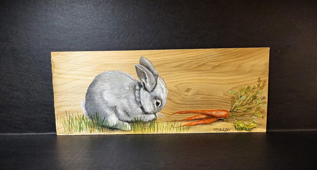 Rabbit, Bunny With Carrot, Hand Painted on Select Cedar Wood, Saying a ...