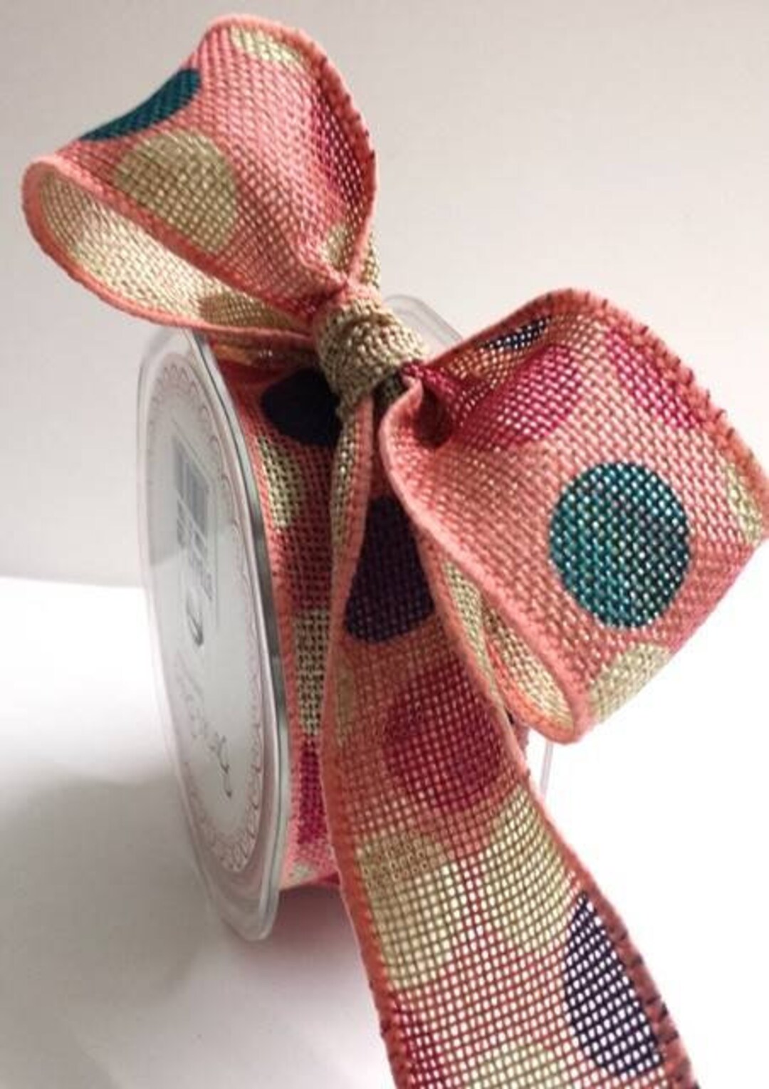 Pink & Multicolour Dotty Print 38mm Wire-edge Burlap Ribbon, Ribbon ...