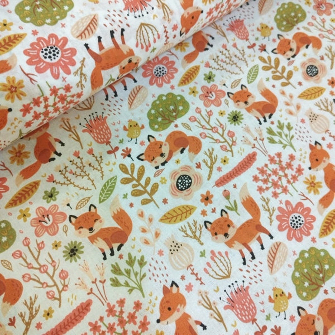 Fox With Flowers Cotton Fabric Fox Floral Cotton Poplin - Etsy