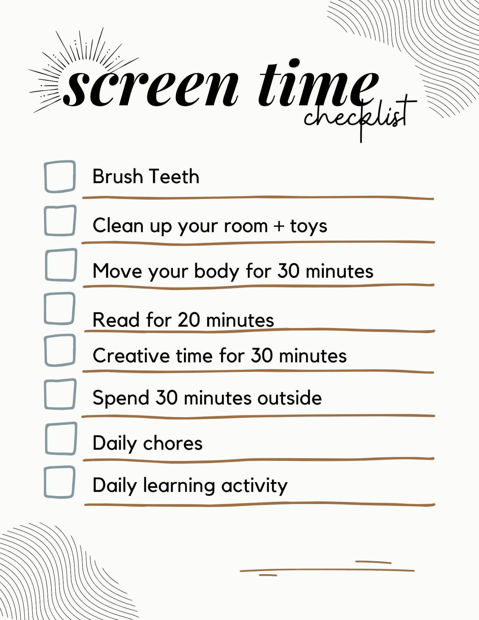 Printable Screen Time Checklist for Kids – Daily Routine Chart - Etsy