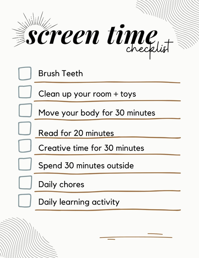 Printable Screen Time Checklist for Kids – Daily Routine Chart - Etsy