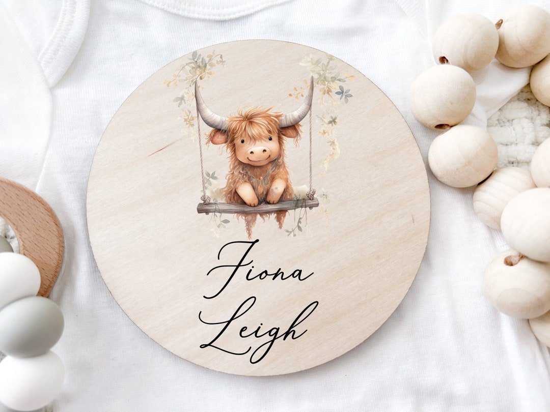 Baby Highland Cow Name Sign, Newborn Name Birth Announcement, Round ...