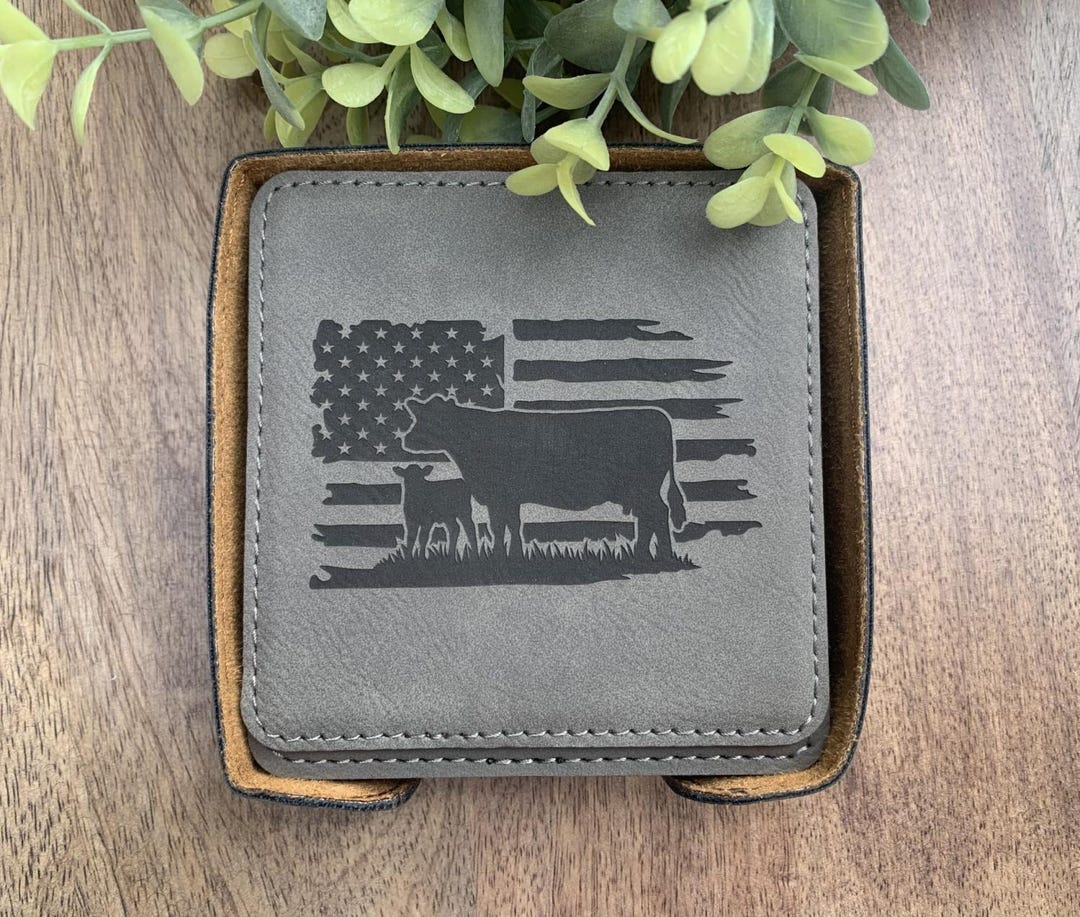 Cow Coaster Set With Holder, Farmhouse Coasters With Cows and Flag, Set ...
