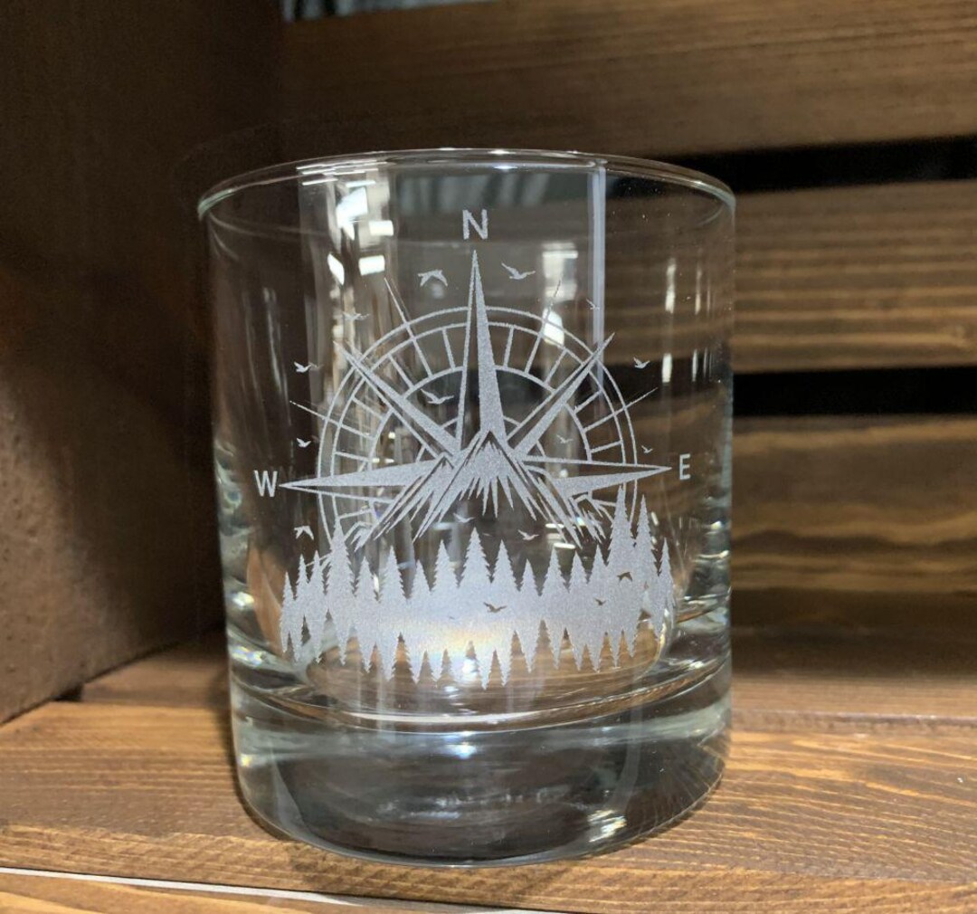 Compass Whiskey Glass, Mountains Trees Theme, Camping Home Barware ...