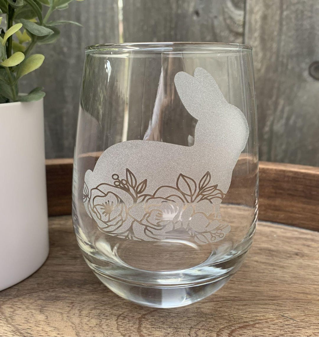 Etched Floral Bunny Wine Glass, Farmhouse Barware, Rabbit Collector ...