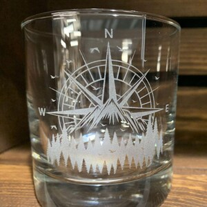 Compass Whiskey Glass, Mountains Trees Theme, Camping Home Barware ...