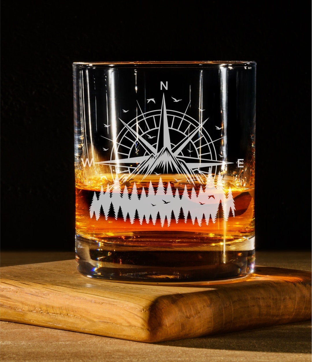 Compass Whiskey Glass, Mountains Trees Theme, Camping Home Barware ...