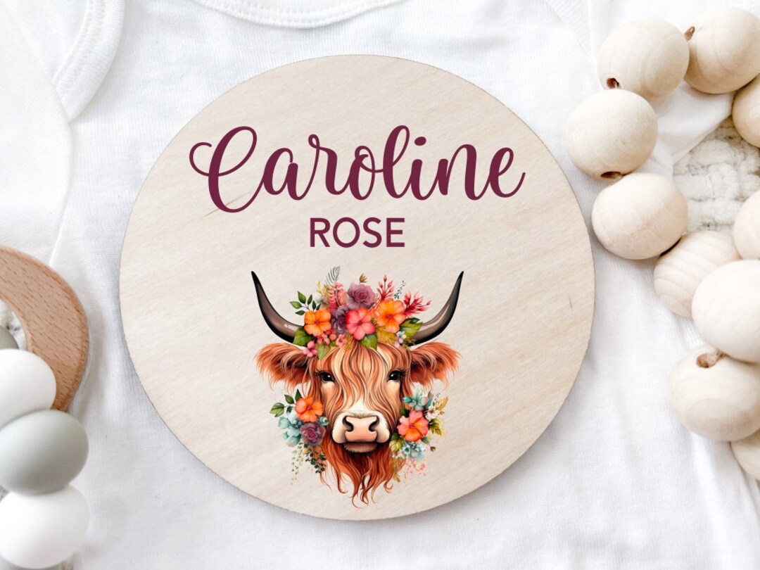 Baby Girl Floral Highland Cow Name Sign, Newborn Name Birth ...