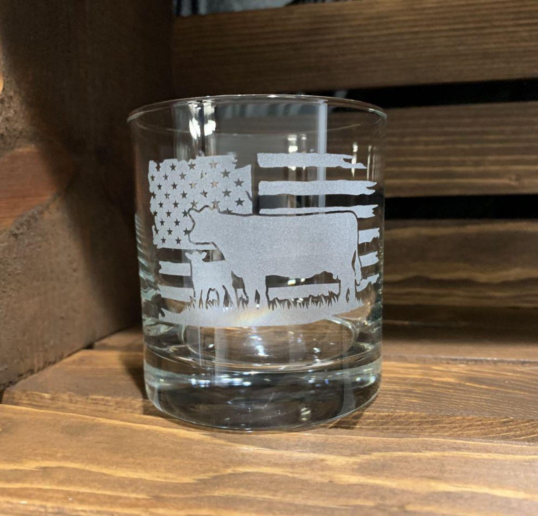 Cow Whiskey Glass, Farm Glassware, American Flag, Cattle Rancher Father ...