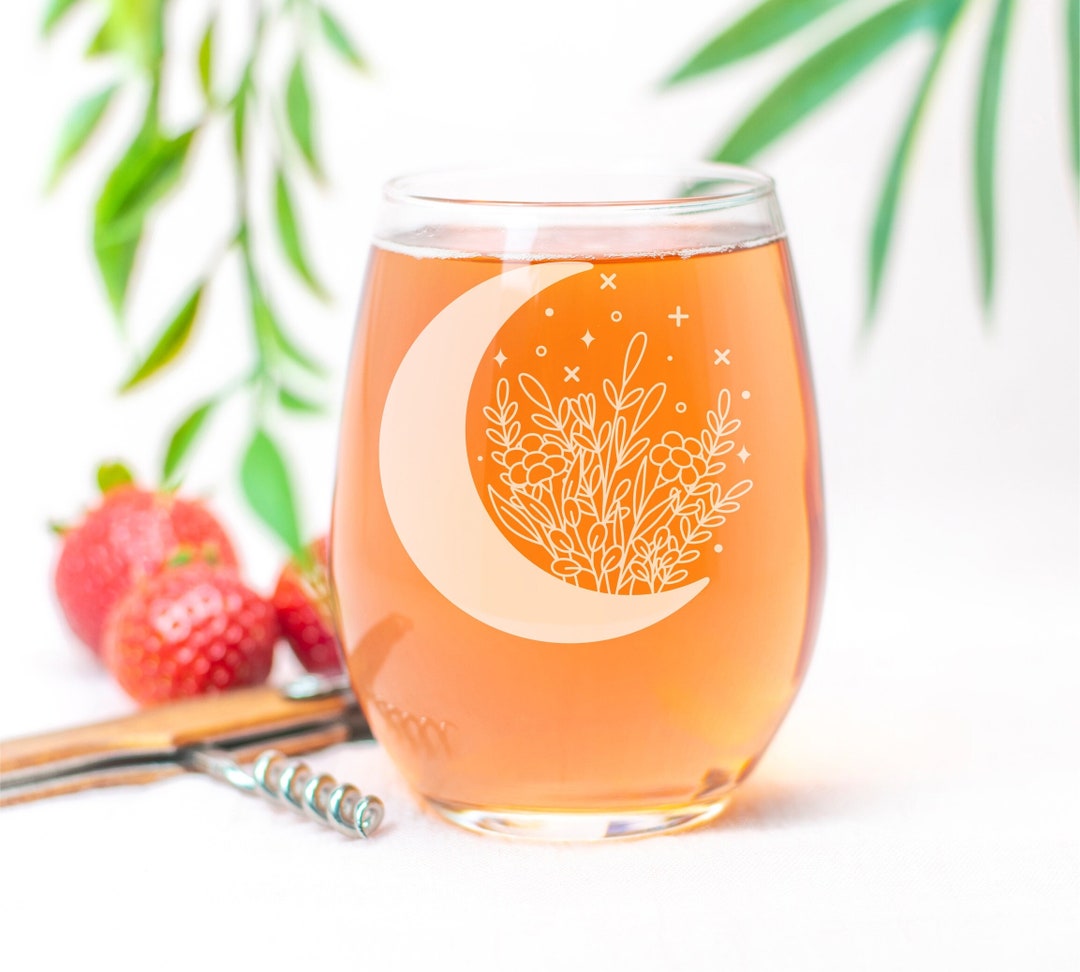 Etched Floral Moon Wine Glass, Whimsical Friend Gift, Crescent Moon ...