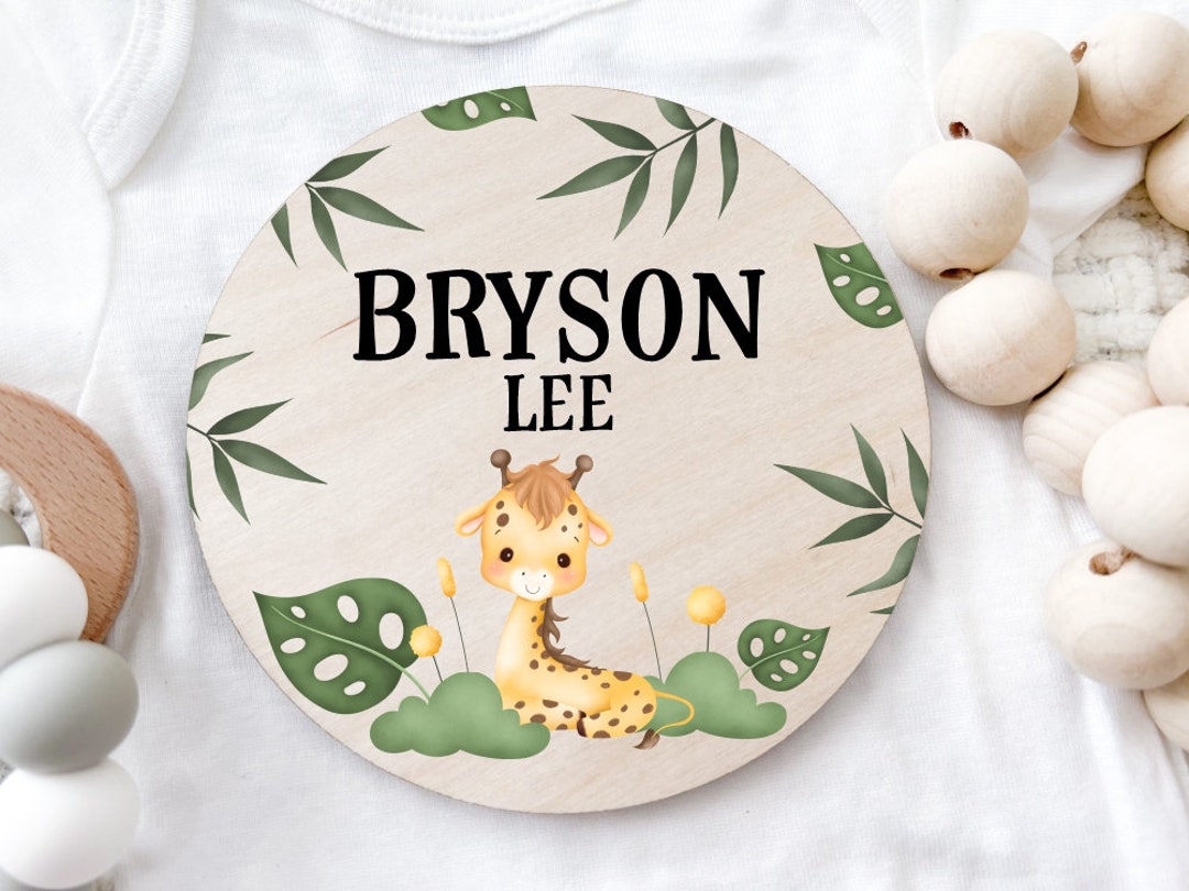 Giraffe Name Sign, Newborn Name Birth Announcement, Round Wood Animal ...