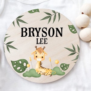 Giraffe Name Sign, Newborn Name Birth Announcement, Round Wood Animal ...