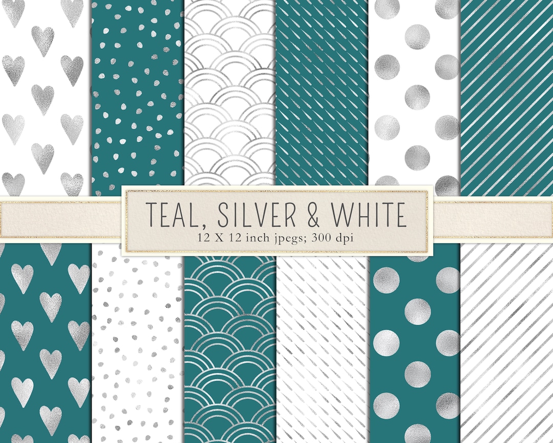 Teal Silver Digital Paper, Silver Digital Paper, Scrapbook Paper, Teal ...