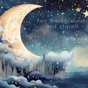 Celestial Clipart, Moon Clipart, Fantasy Clipart, Night Sky, Gold Stars ...