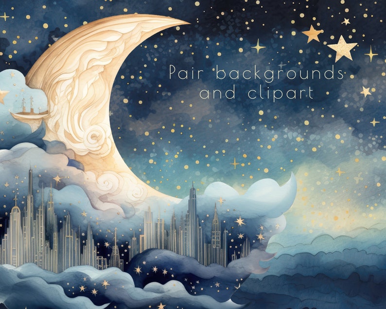 Celestial Clipart, Moon Clipart, Fantasy Clipart, Night Sky, Gold Stars ...