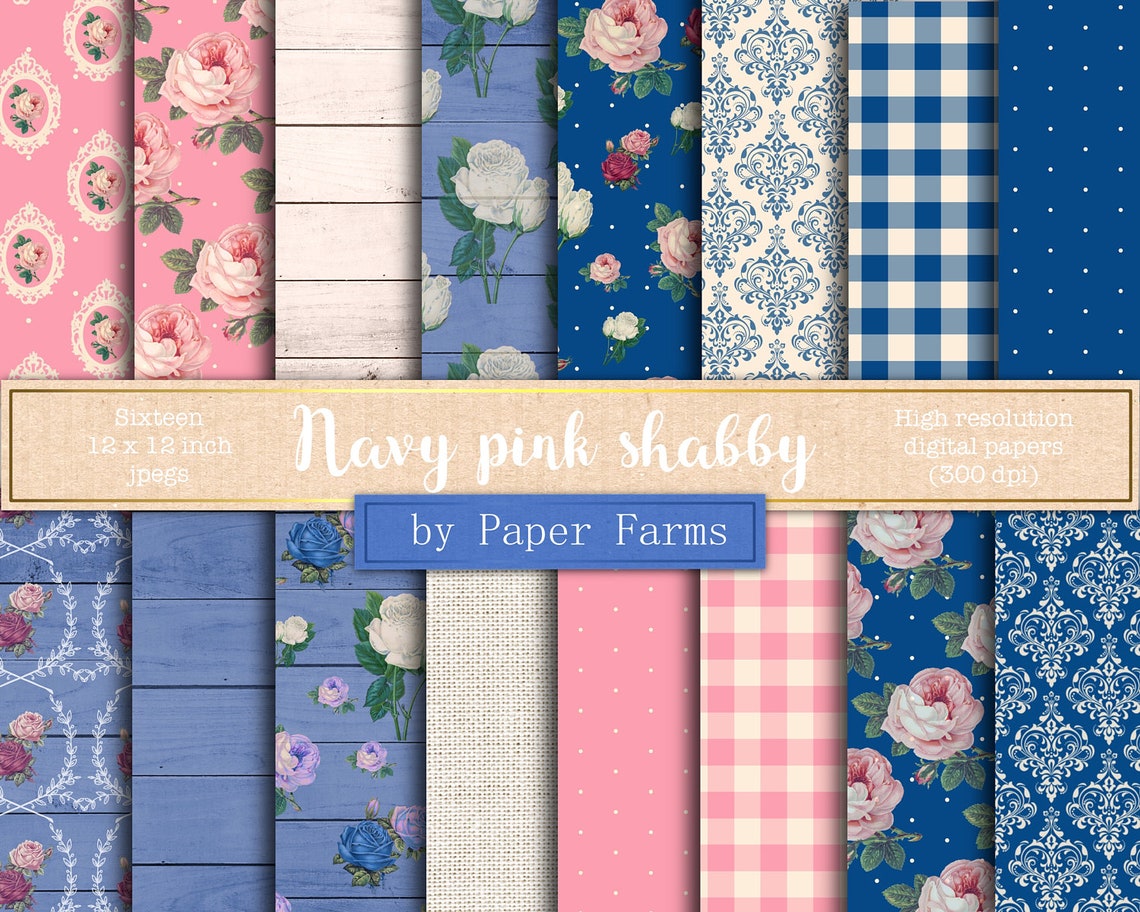 Navy Pink Digital Paper Roses Digital Paper Shabby Chic - Etsy
