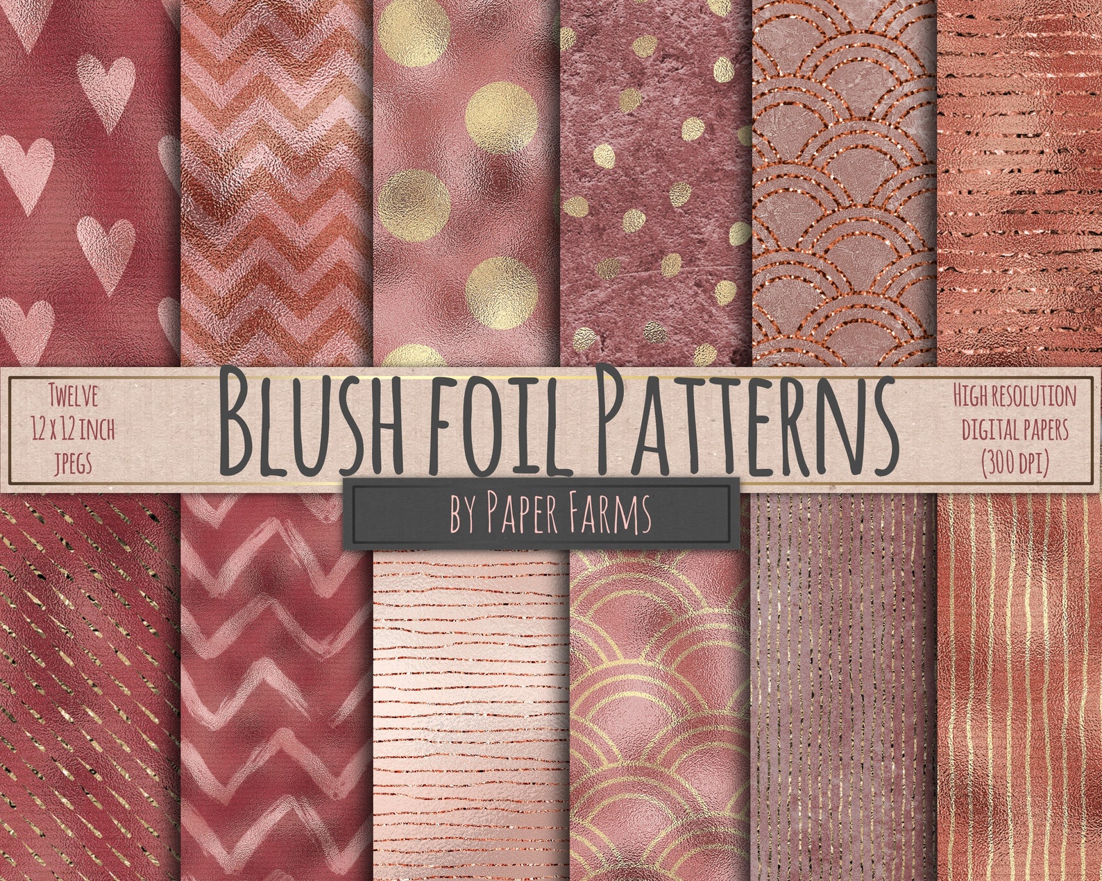 Rose gold foil patterns blush digital paper scrapbook | Etsy