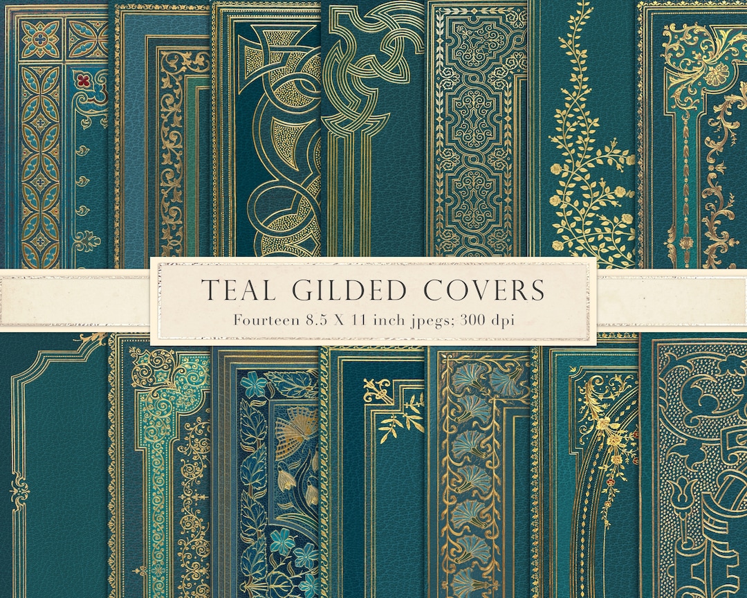 Vintage Teal Book Cover, Printable Book Cover, Gilded Gold, Ornate ...